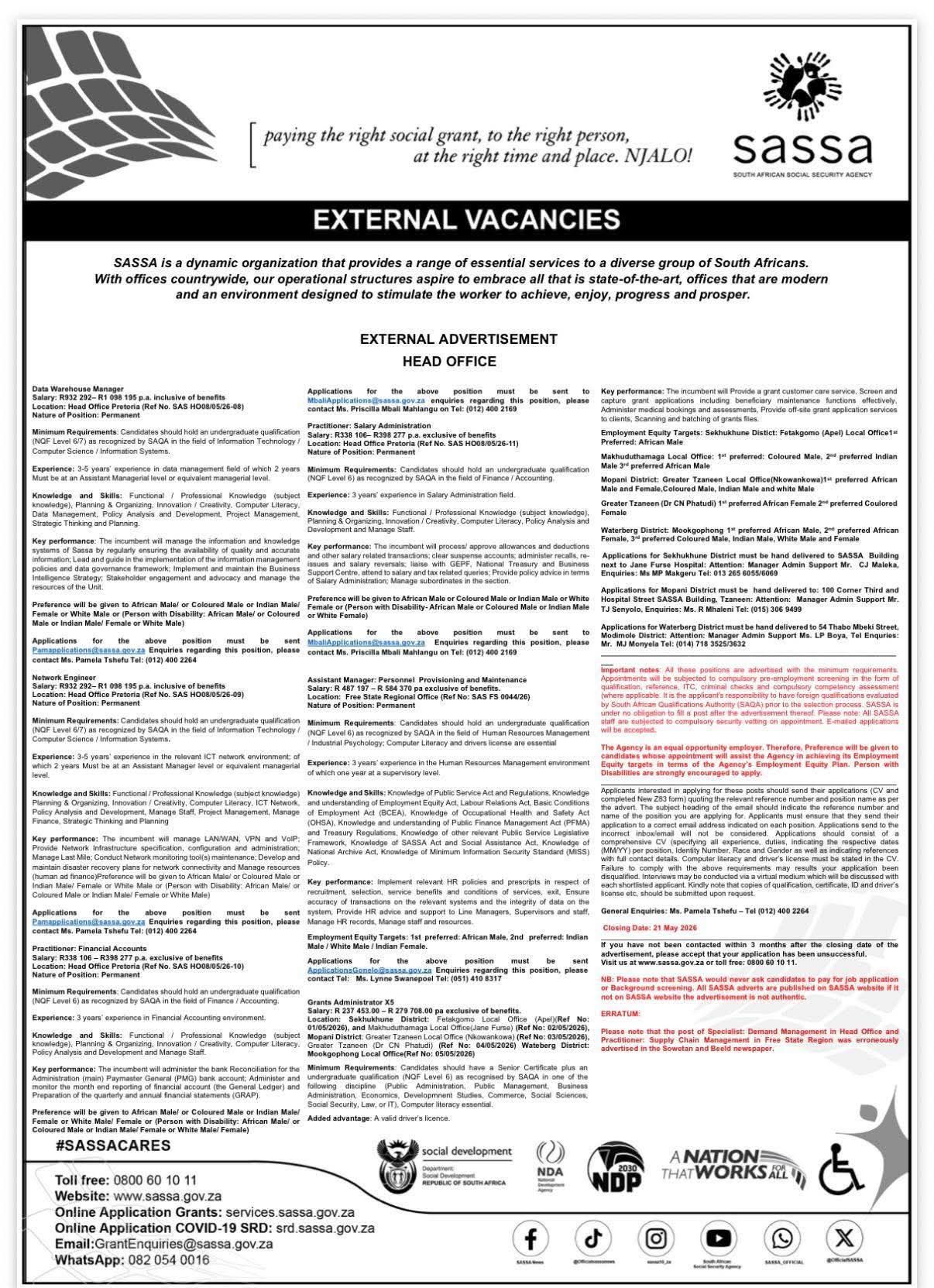 SASSA External Vacancies 2026: Apply for Head Office and Regional ...